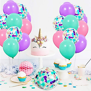 Unicorn Balloons 40 Pack, 12 Inch Light Purple Pink Seafoam Blue Latex Balloons with Confetti Balloon for Party Supplies Graduation Wedding Baby Shower Unicorn Birthday Decorations with Ribbon
