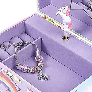 Girls Unicorn Musical Jewelry Box with Unicorn Charm Bracelet, Glitter Star and Rainbow Design, Unicorn Gifts for Girls Ages 3+