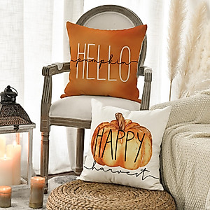 AVOIN colorlife Hello Pumpkin Fall Happy Harvest Maple Leaf Throw Pillow Covers, 18 x 18 Inch Pillows Autumn Seasonal Cushion Case for Sofa Couch Set of 4