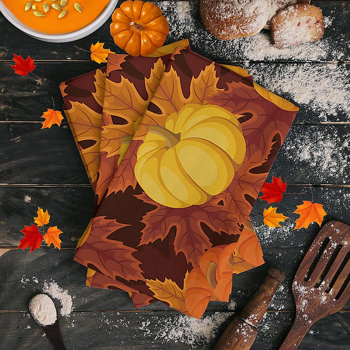 DuoPhi Fall Kitchen Towels Set Harvest Orange Pumpkin Maple Leaves Dish Towel Happy Thanksgiving Day It's Y'all Dishcloths 2 Pack,18x28 Inches Absorbent Soft Cotton Cloths Bar & Tea