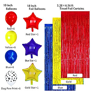 Paw Birthday Decorations, Paw Party Supplies Red Blue Gold Foil Fringe Curtain, Red Blue Yellow Balloons, Dog Paw Print Balloons for Kids Baby Shower Party Decorations