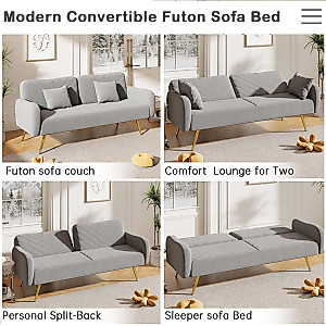70“ Futon Bed with Mattress Included,Futon Couch Sofa Bed w/ Split Backrest and 2 Throw Pillows,Convertible Loveseat Sleeper w/ Gold Metal Legs and Arms for Living Room Bedroom Small Space (Grey)