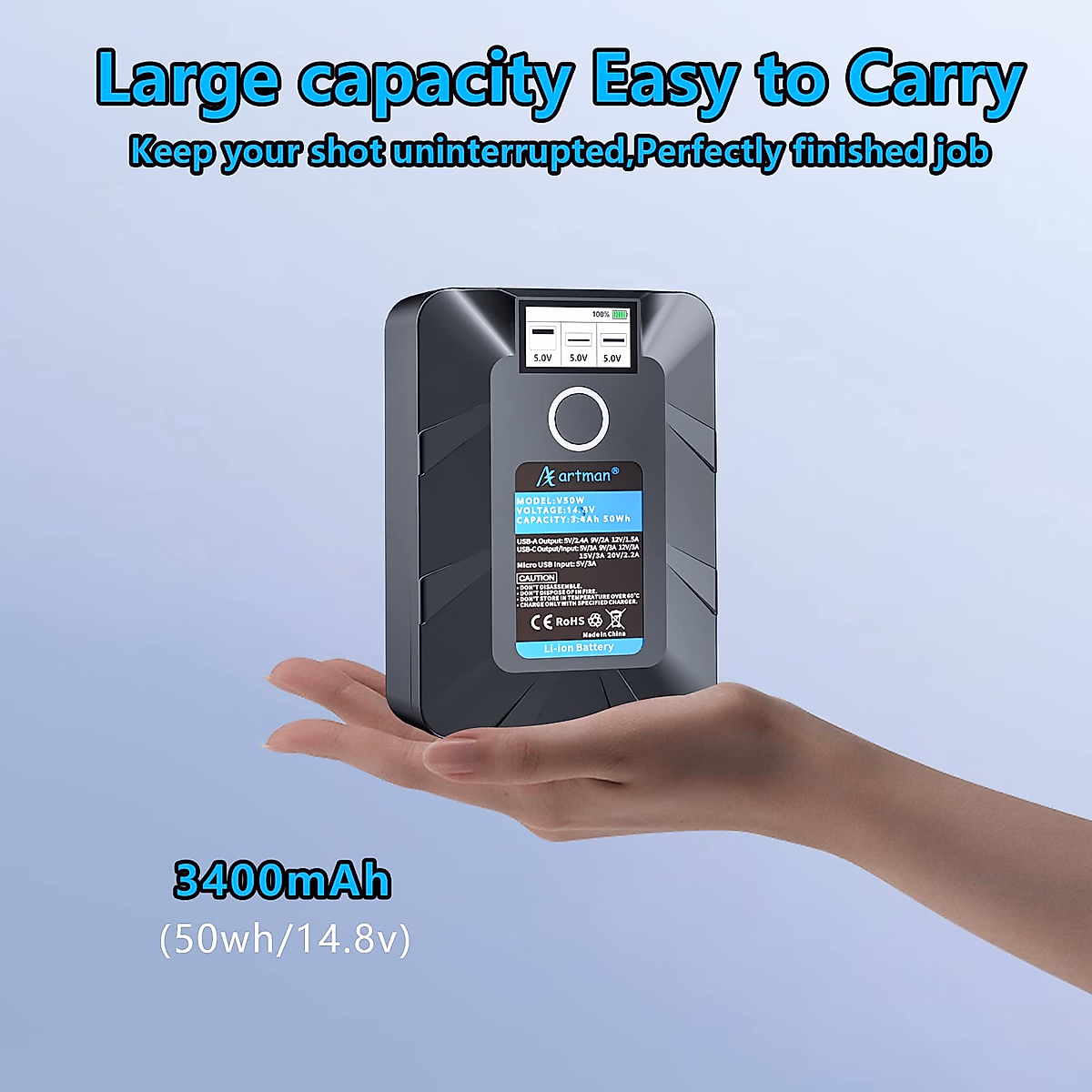 Artman V Mount Battery,14.8V 3400mAh (50Wh) Mini V-Mount Battery with OLED Screen 45W PD USB-C Fast Charging D-TAP USB-A DC Ports, V Lock Battery for Cameras Camcorders Large LED Light Monitors