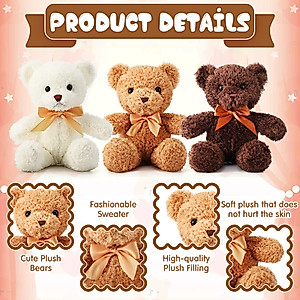 HyDren 12 Pcs Bear Stuffed Animal 12 Inch Bulk Soft Plush Bear Toys with Ribbon Bow Ties Fluffy Bears for Birthday Gift Baby Shower Graduation Wedding Party Favors(Light Brown, Dark Brown, White)