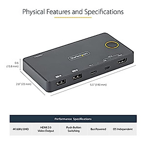 StarTech.com 2 Port Hybrid USB-A + HDMI & USB-C KVM Switch - Single 4K 60Hz HDMI 2.0 Monitor - Compact Desktop and/or Laptop HDMI KVM Switch - USB Bus Powered - Thunderbolt 3 Compatible, TAA