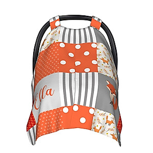 Personalized Fox Plaid Baby Infant Car Seats Canopy for Babies with Name, Custom Multi-use Blankets for Baby Boys Girls, Peekaboo Minky Nursing Breastfeeding Stroller Cover Canopies for Newborn
