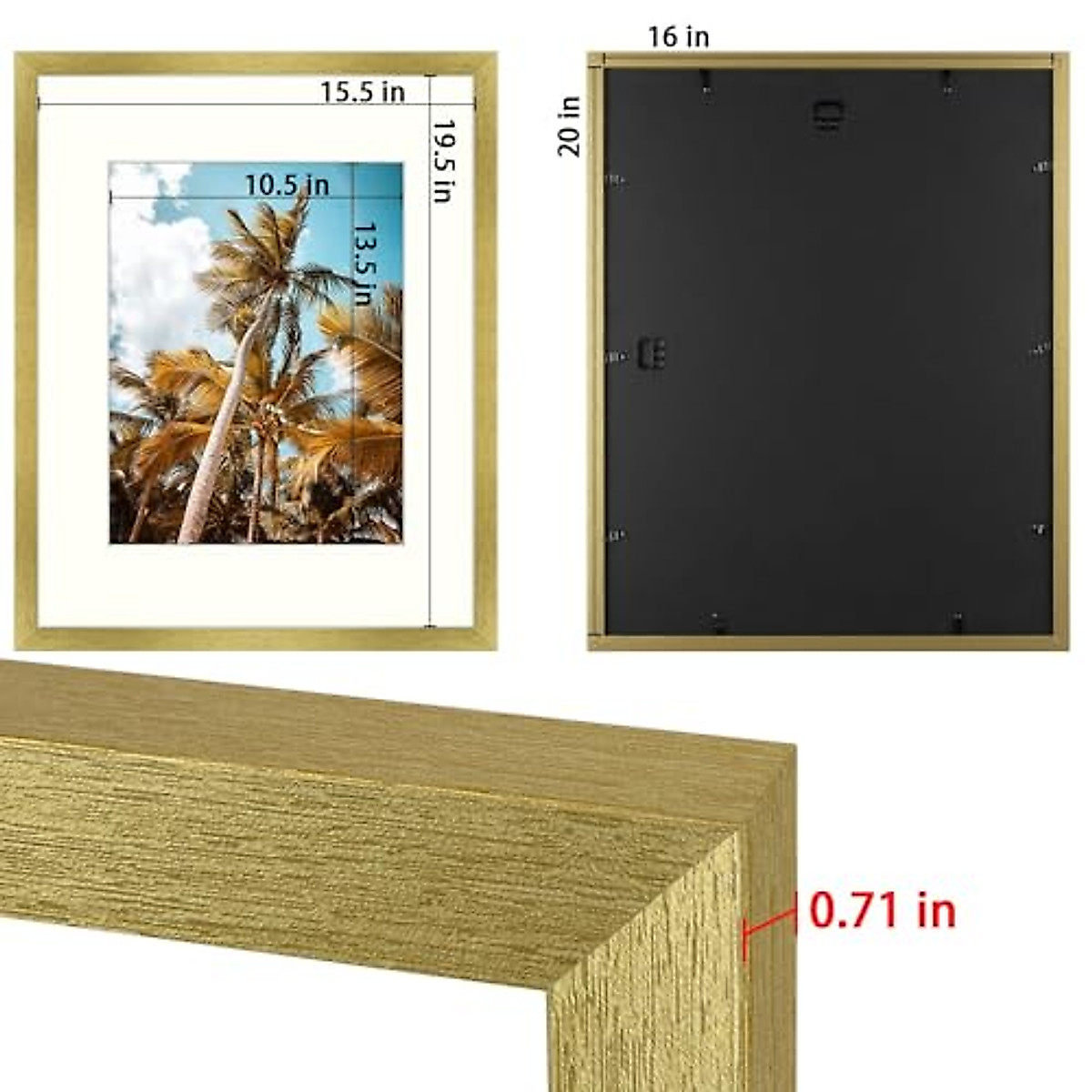Frametory, 16x20 Picture Frame with Mat for 11x14 Picture- - High Definition Glass Wide Molding - Preinstalled Wall Mounting Hardware (Gold, 1 Pack)