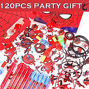 Spider Birthday Party Favors for Kids - 120 Pcs Bubble Wands, Finger Lights, Tumblers, Keychains, Goodie Bags, Wristbands, Stickers, Button Badges Christmas Hero Supplies for Boys Girls Gifts