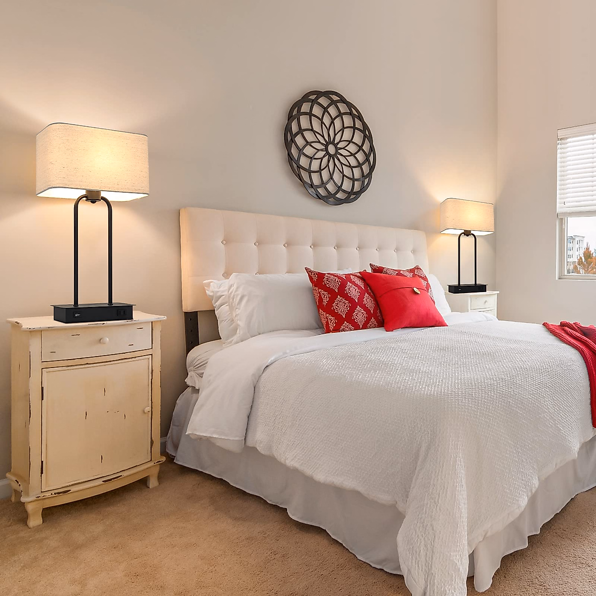 Set of 2 Wireless Charging Touch Control 3-Way Dimmable Table Lamps, Beside Nightstand Lamps for Bedroom with USB Port & AC Outlet, Living Room Office End Table Modern Black Lamps, LED Bulbs Included