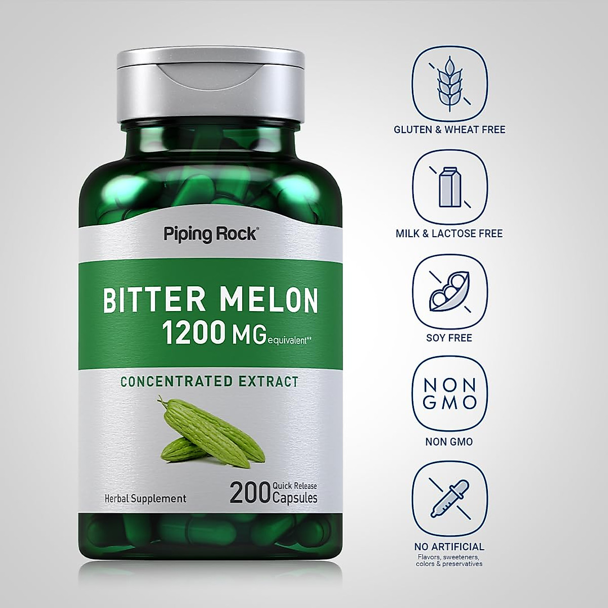 Piping Rock Bitter Melon Capsules 1200mg | 200 Count | Momordica Charantia | Concentrated Extract | Herbal Supplement | Non-GMO, Gluten Free
