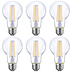Energetic Dimmable LED Filament Light Bulbs, 8W, 60 Watt Equivalent, Warm White 3000K, Classic Clear Glass, A19 LED Light Bulb, 6 Pack