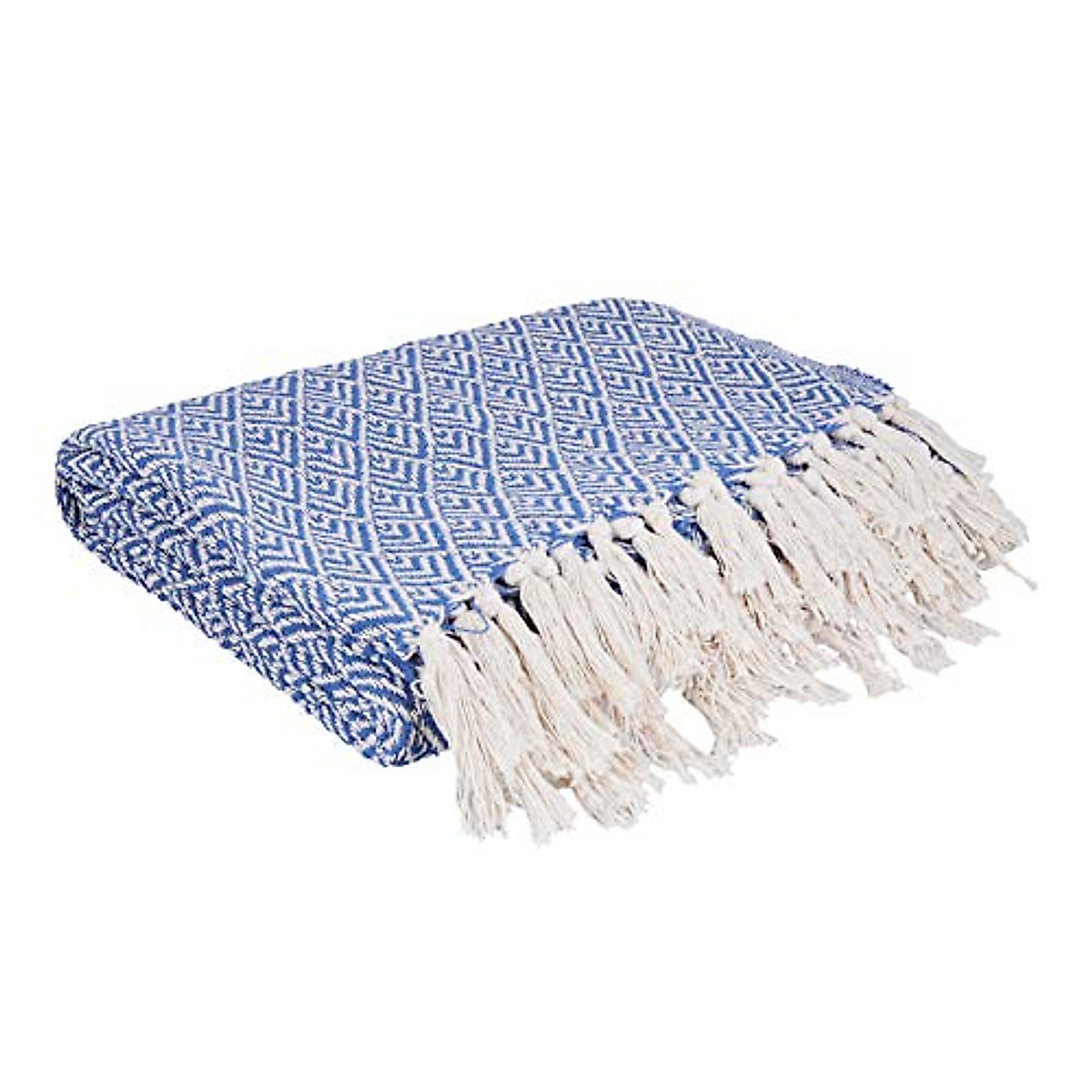 Cotton Chevron Decorative Blue Throw Blanket | Decorative Lightweight Sapphire Beige Geometric Pattered Textured Blankets with Fringe | 65x50 Inch | Sofa Couch Bed Chair Living Room Decor Picnic Beach