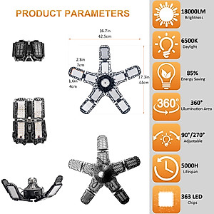 HEYPORK E26/E27 Socket Garage Light 180W 18,000LM 363Pcs LED Shop Light 6,500K Extra Bright LED Indoor Lights Foldable Garage Lighting Adjustable Garage Light Bulbs with Multiple LED Lights Deformable