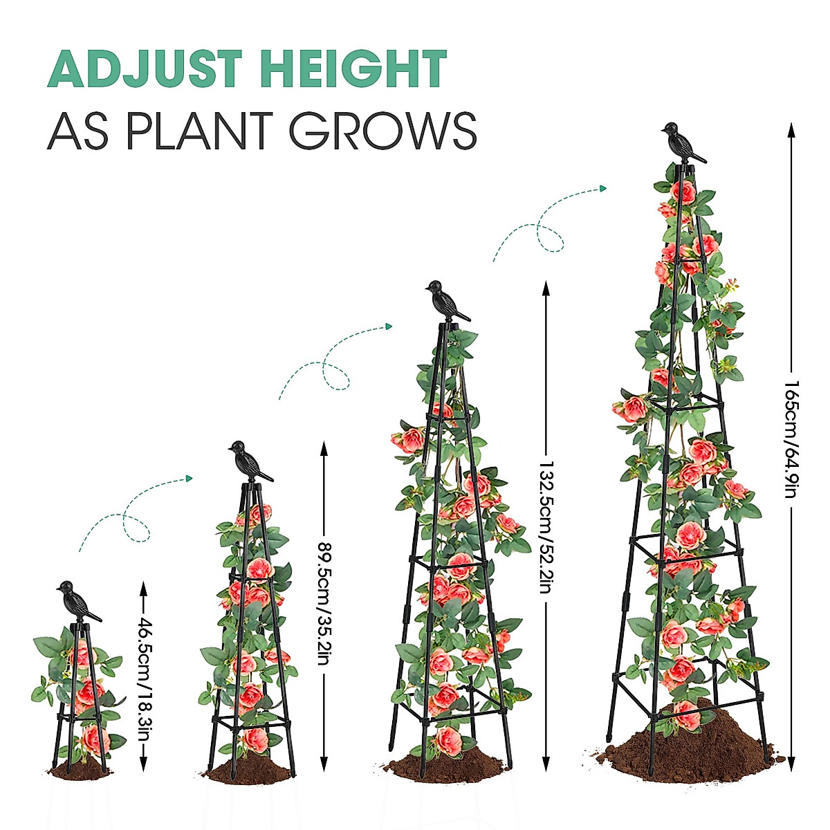 MQHUAYU 2 Pack Garden Obelisk Trellis for Climbing Plants Outdoors, 65 Inch Rustproof Plant Stand Climbing Support with Adjustable Heights for Indoor Potted Plants, Vines, Flowers Stands, Vegetables