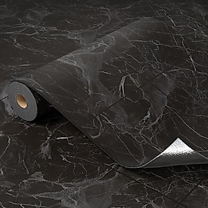 Oxdigi Vinyl Floor Tiles Peel and Stick 23"x 393"/64 Sq.Ft, Thicken Self Adhesive Vinyl Flooring Roll Marble Pattern Waterproof DIY Floor Coverings for Bathroom Living Room Kitchen, Black Marble