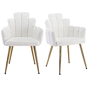 VESCASA Sherpa Accent Chairs with Petal Back, Mid-Century Modern Upholstered Dining Chairs with Arms, Makeup Vanity Chairs with Gold Metal Legs for Living Room/Bedroom, Set of 2, White