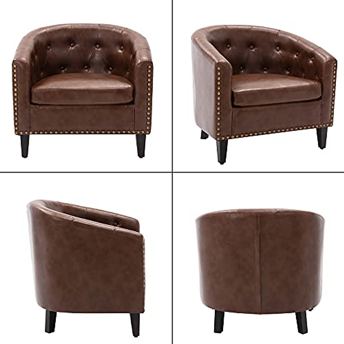 SSLine Armchair Barrel Club Chair,Modern PU Leather Accent Chair Arm Club Chair w/Nailheads and Solid Wood Legs,Tub Barrel Style Lounge Chair for Living Room Bedroom Reception Room (Brown)