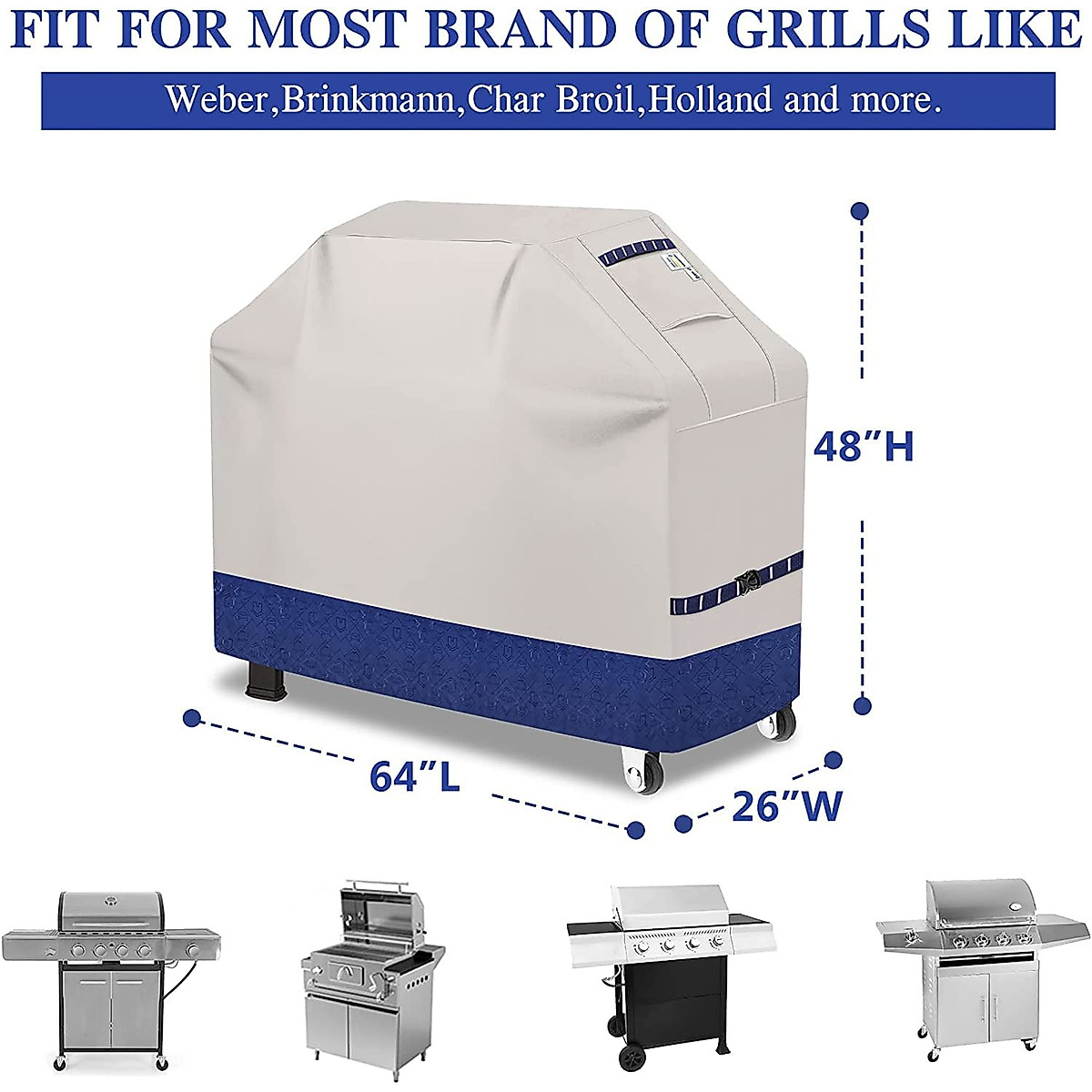 CUSSIOU Grill Cover BBQ Grill Cover 600D Waterproof Heavy Duty Gas Grill Cover, UV & Dust & Rip-Proof, Barbecue Grill Covers for Weber, Brinkmann, Char Broil Grills (64" L x 26" W x 48" H Fog/Navy)