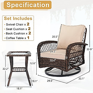 VINGLI 3 Pieces Outdoor Swivel Chairs Set of 2 and Side Table, Wicker Outdoor Rocking Chair Patio Swivel Chairs Outdoor Furniture Set for Porch Deck Backyard