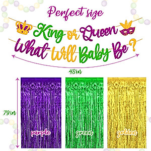 Mardi Gras Gender Reveal Decorations King Or Queen What Will Baby Be Banner Foil Curtains Backdrop Carnival Fleur De Lis Shrove Fat Tuesday New Orleans Masquerade Theme Baby Shower Party Supplies