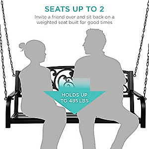 Best Choice Products 2-Person Metal Outdoor Porch Swing, Hanging Steel Patio Bench for Garden Deck w/Floral Accent, 485lb Weight Capacity - Black