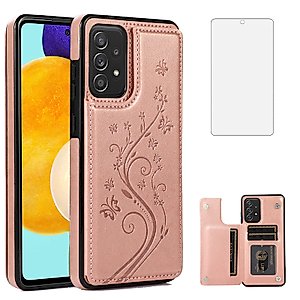 Phone Case for Samsung Galaxy A52 5G/4G with Tempered Glass Screen Protector and Card Holder Wallet Cover Stand Flip Leather Cell Accessories Glaxay A 52 G5 Gaxaly 52A S52 Cases Women Girl Rose Gold