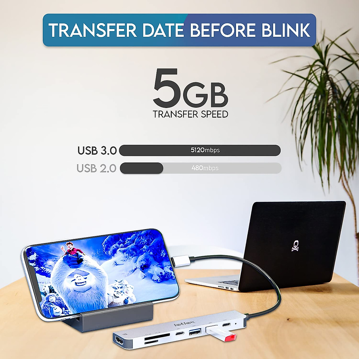 LETLEX USB C Hub - 7 in 1 USB C Adapter with 4K/60Hz HDMI - 2 USB 3.0 Ports, SD/TF Card Reader, 100W PD Charging for USB-C Laptops & Other Type-C Devices