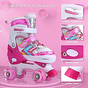 Roller Skates for Kids Girls Boys Beginners, 4 Size Adjustable Size with Light Up Wheels for Children (Pink, Medium(2-5))