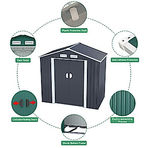 HOGYME 7' x 4.2' Storage Shed Outdoor Metal Shed, Garden Sheds &Outdoor Storage Suitable for Lawn Mower Ladder Bike, Backyard Steel Shed with Lockable/Sliding Doors and Stable Base, 4 Vents, Green