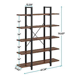 Tribesigns 5-Tier Bookshelf, Vintage Industrial Style Bookcase 72 H x 12 W x 47L Inches, Retro Brown
