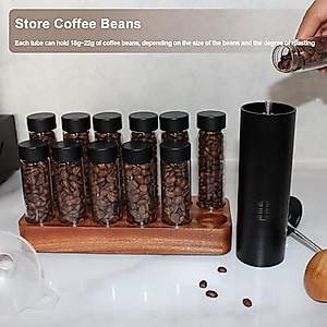 Single Dose Coffee Bean Storage Tubes - 12pcs Coffee Beans Container,Coffee Vials dosing container,glass espresso container with Wood Display Stand and Funnel(Tube1)