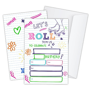 Roller Skating Children Birthday Party Invitations, Roller Skate Invites for Girls Boys Kids Teen, Kid's Party Favors Decoration and Celebration Supplies, 20 Invitations with Envelopes - JY625