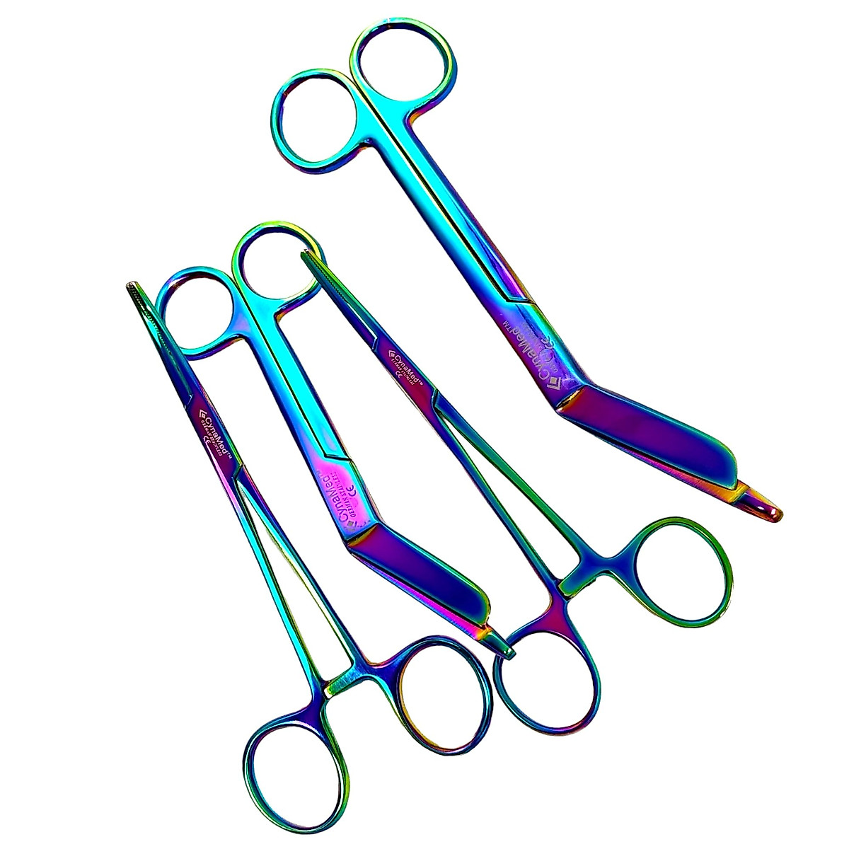 CynaMed German Nurses Doctor Lister Bandage Scissors 7.25" +5.5" + HEMOSTAT Forceps Str +Cvd 5.5" Multi Color Rainbow Color Stainless Steel - (Set of 4)