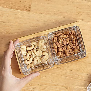 GOODSDECO Glass Serving Dishes with Wood Serving Tray, Divided Serving Platters with Wood Tray, Glass Bowl and Platters for Parties (2pcs)