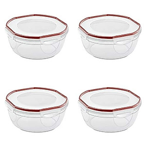 Sterilite Ultra-Seal 4.7 Qt Bowl, Large Airtight Food Storage Container, Latching Lid, Microwave and Dishwasher Safe, Clear With Red Gasket, 4-Pack