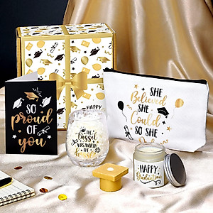 Levfla Graduation Gifts Set, Congratulations Present Box for Her Girl Women College Student with Pre-Packed Wine Glass Grad Cap Bath Bomb Makeup Bag Candle Card Black Gold