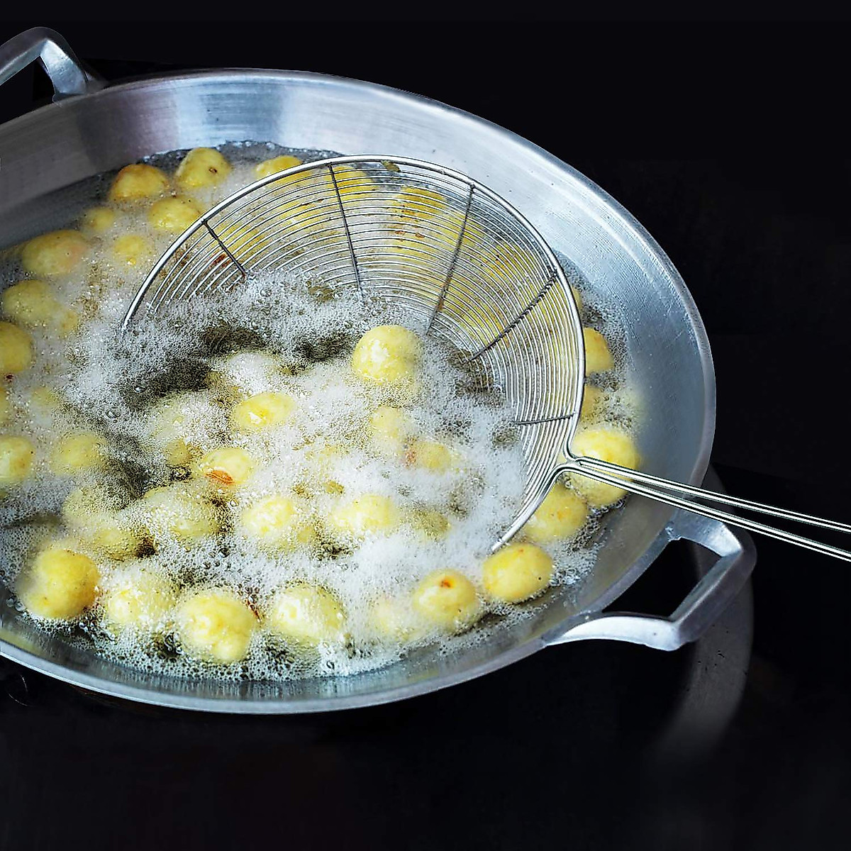 RJ Legend Stainless Steel Kitchen Accessory Utensils Set - Spider Wired Pasta & Noodle Spoon, Fine Mesh Strainer for Cooking, Anti-Grease Fry Away Ladle, Solidifier Pot, Fat Separator, 7 - Inches