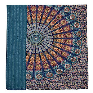 MAVISS HOMES Indian Handmade Multi Floral Printed Queen Kantha Quilt | Traditional Print | Pure Cotton | Vintage Throw Blanket |for Home and Bedroom | Super Soft Cozy Blanket; Blue and Multicolour