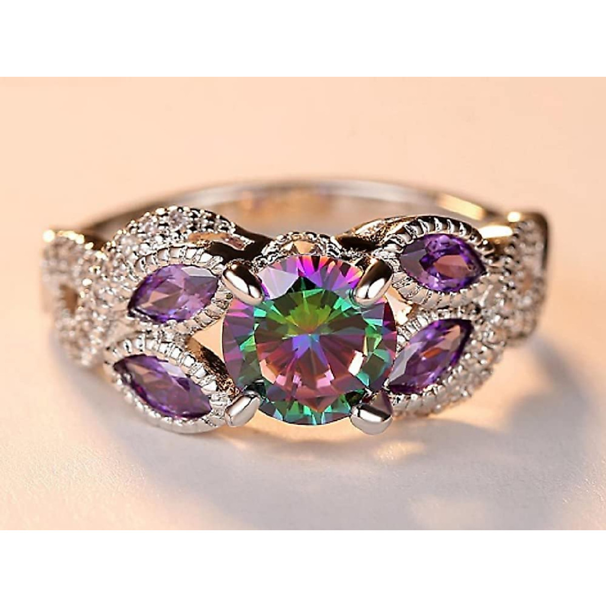 Awmnjtmgpw 925 Sterling Silver Rainbow Topaz Ring Women's Engagement Ring Princess Cut Diamond Ring Colorful Diamond Ring Size 6-10 (Size 7)