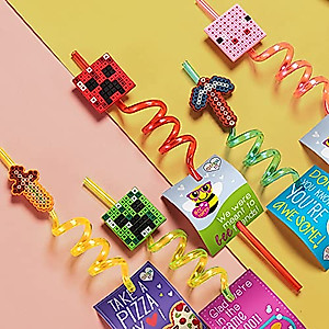25 Reusable Pixel Straws for Miner Craft Party Supplies Favors, Pixel Spider Creepah Party Supplies Gift with 2 Cleaning Brushes