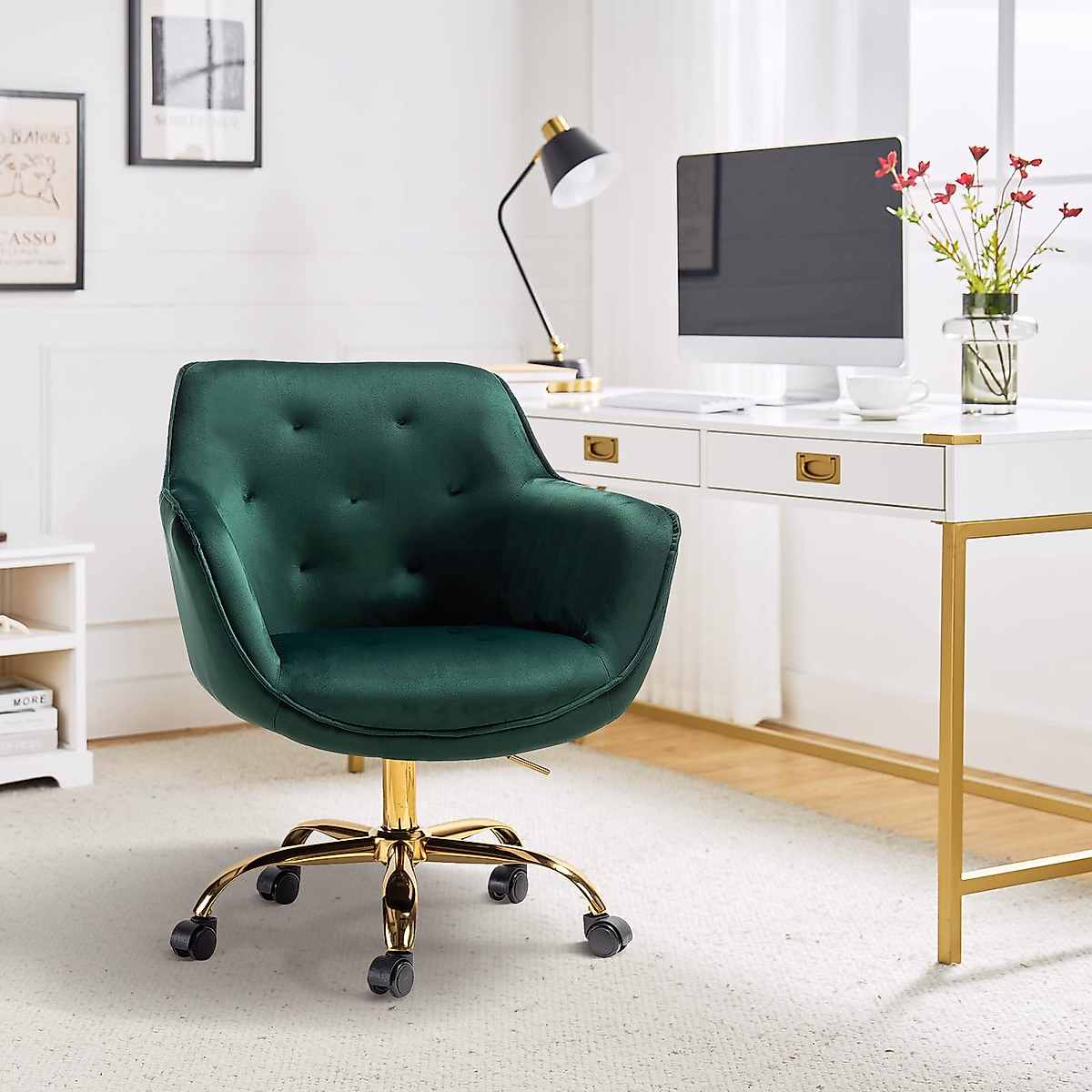 HULALA HOME Velvet Office Chair with Gold Base, Modern Cute Mid-Back Desk Chair, Adjustable Swivel Computer Task Chair for Living Room, Bedroom, Study, Vanity, Green