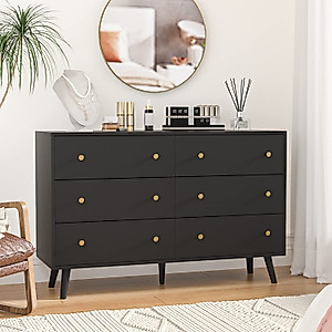 SINROM Black Dresser for Bedroom, Modern 6 Drawer Dresser, Wide Chest of Drawers with Gold Handles, Wood Double Dresser Storage Cabinet for Living Room, Bedroom, Hallway