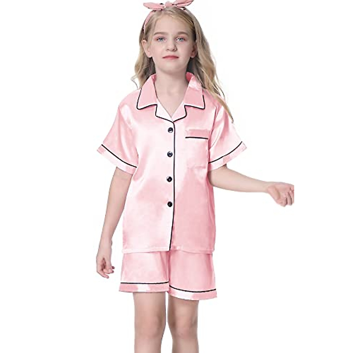 Women's Satin Pajamas Set, Short Sleeve Button Down Shirt Top + Elastic Waist Shorts Sets Summer Pajamas for Women, A Pink, US XS