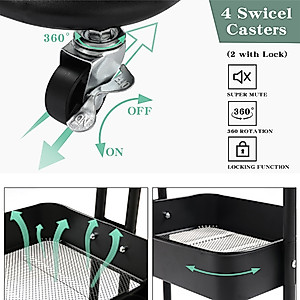 LING RONG 3-Tier Utility Rolling Metal Storage Cart,Heavy Duty Multifunction Cart with Lockable Wheels,Cover,4 Hooks 2 Storage Boxes for Kitchen Living Room Office Bathroom (U-Shaped Armrest, Black)