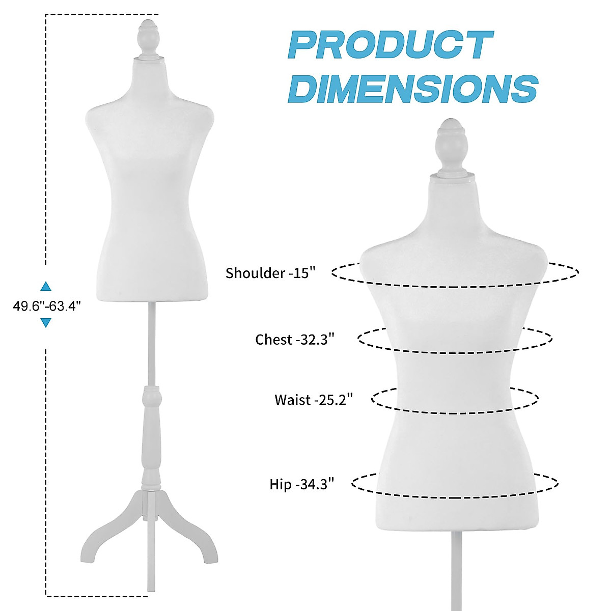 BLKMTY Female Mannequin Torso Dress Form Sewing Mannequin Manikin Body Height Adjustable Clothing Dress Model w/ Tripod Base Stand for Sewing Dressmakers Dress Jewelry Display 49-63 Inch, White