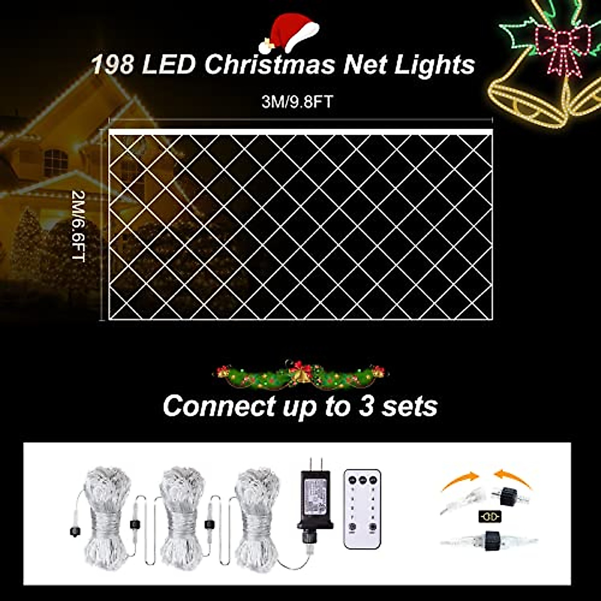 Christmas Net Lights with Remote, 198 LED 9.8ft x 6.6ft Outdoor Mesh String Lights Waterproof, 8 Modes Connectable Xmas Decorations for Bushes Tree Garden Wedding (White Wire, Warm Light)