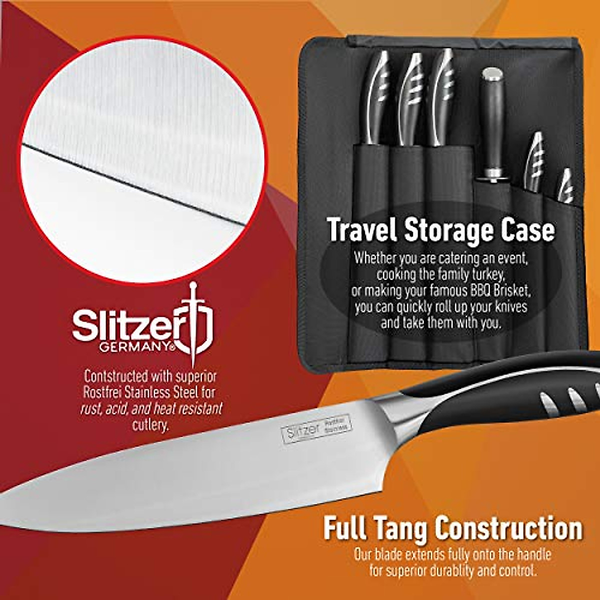 Slitzer Germany 7-Piece Chef's Knife Set, Ergonomically Designed, Professional Grade Chef Knives, Great addition to any kitchen