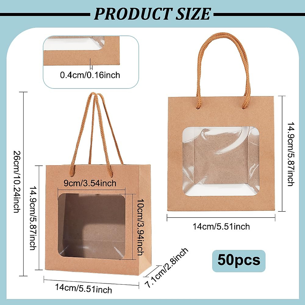 BENECREAT 50pcs Gift Bags with Transparent Window, Kraft Paper Shopping Bags with Handle for Birthday Wedding Party Florist Christmas Packing, 5.8x5.5x2.8