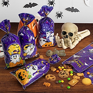 PADELO 60 Pcs Halloween Treat Bags - Cute Happy Halloween Candy Bags, Plastic Halloween Cellophane Goodie Gift Goody Bags with Golden Twist Ties for Halloween Themed Party Supplies Favors, 4 Styles