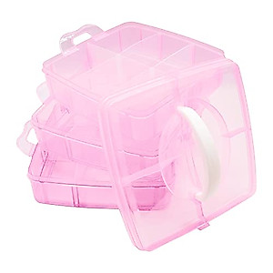 2 Pack - Small Pink Stackable Craft Organizer Box, 3-Layer Small Storage Container Case, with Adjustable Compartments for Beads, Crafts, Jewelry, Fishing Tackle (5.75 x 5.75 x 5 inches)